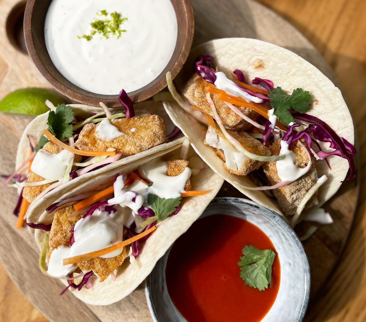 Chunky Cod Fish Spicy Tacos with Crunchy Slaw and Cool Lime Dip ...